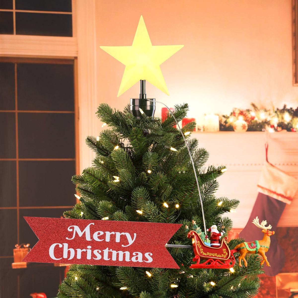 Mr. Christmas Animated Santa Sleigh Tree Topper – LED Star & Merry ...
